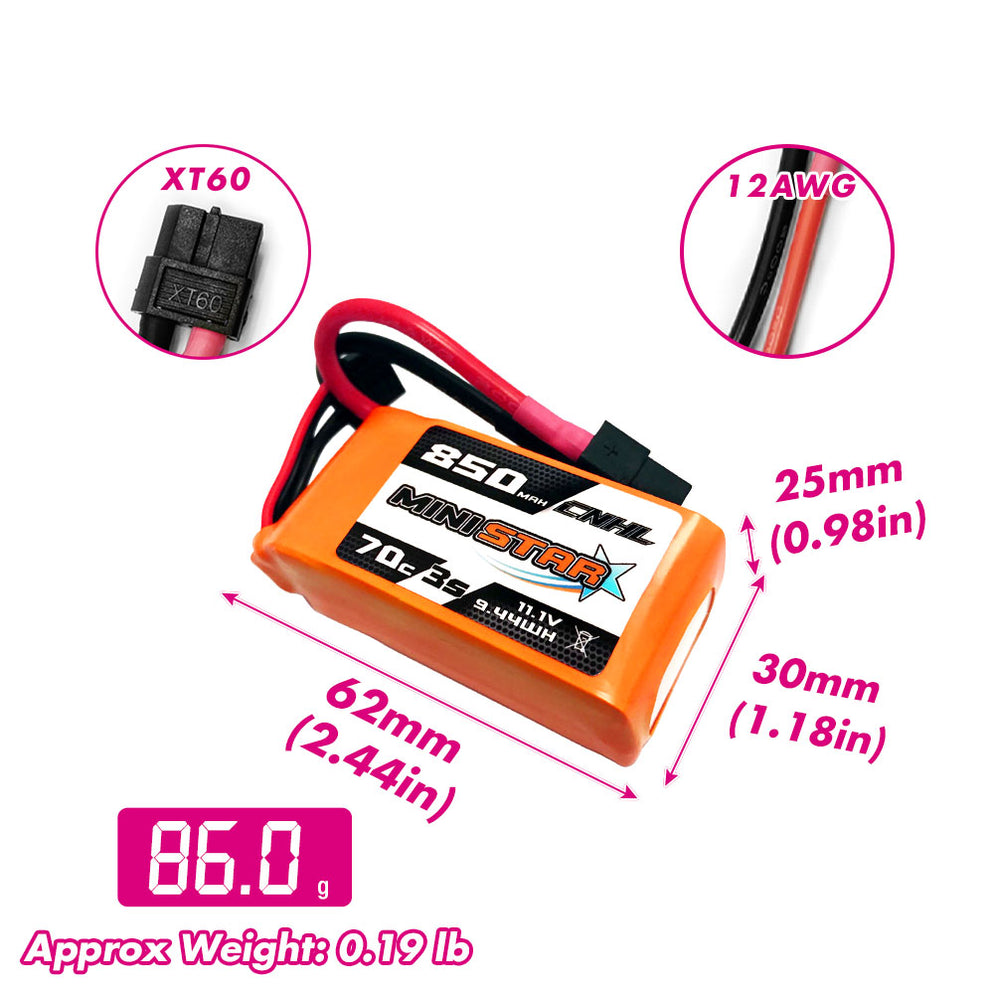 850mAh 11.1V 3S 70C Lipo Battery | XT60 for FPV Racing — ChinaHobbyLine